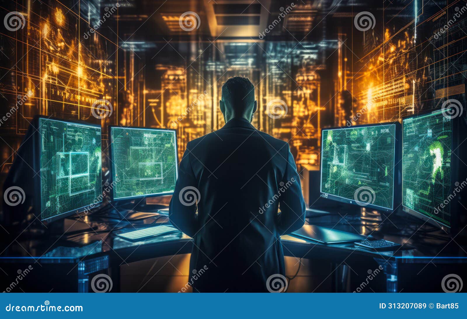 Cybersecurity Professional Working Inside a High-tech Server Room with ...