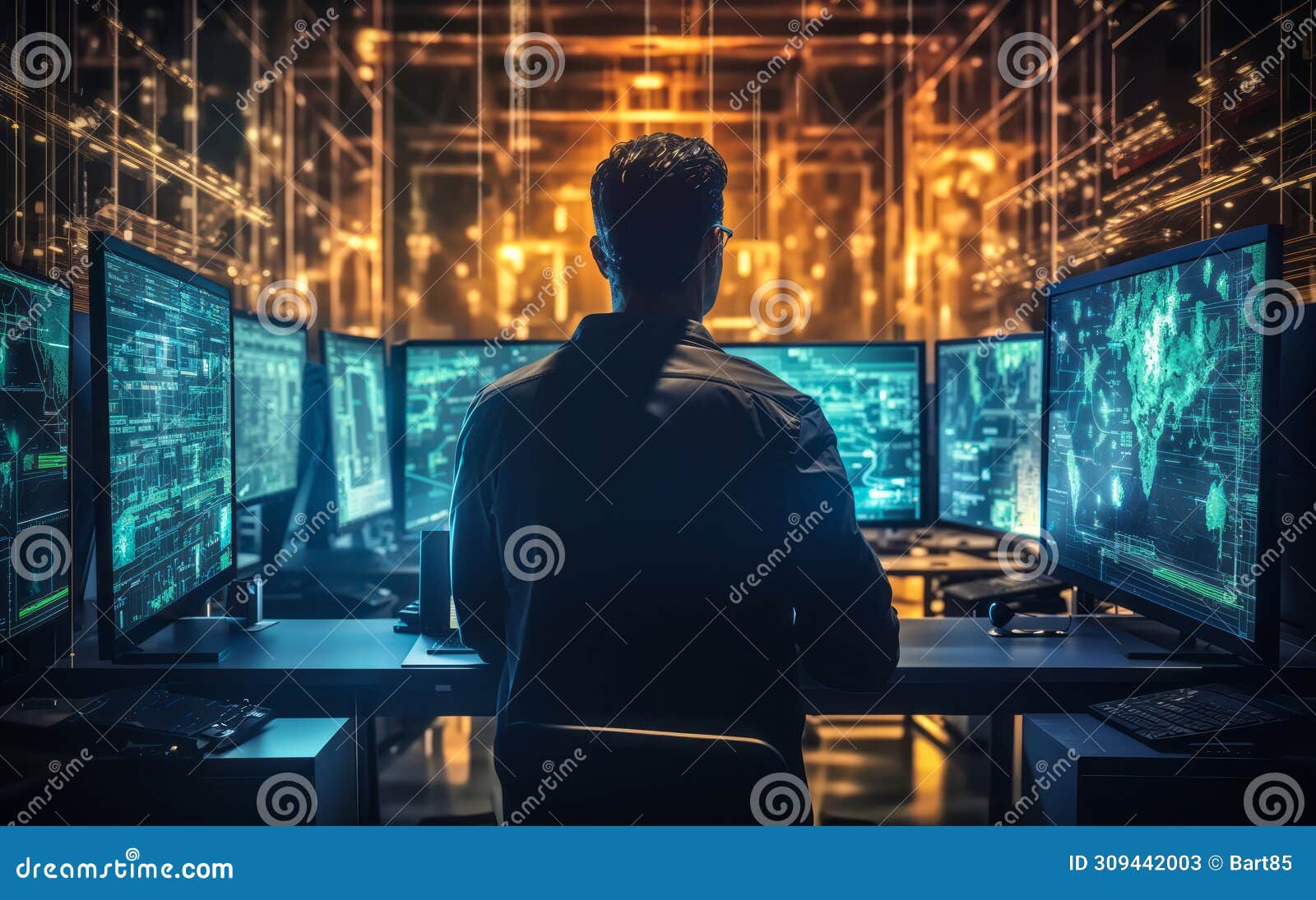 Cybersecurity Professional Working Inside a High-tech Server Room with ...