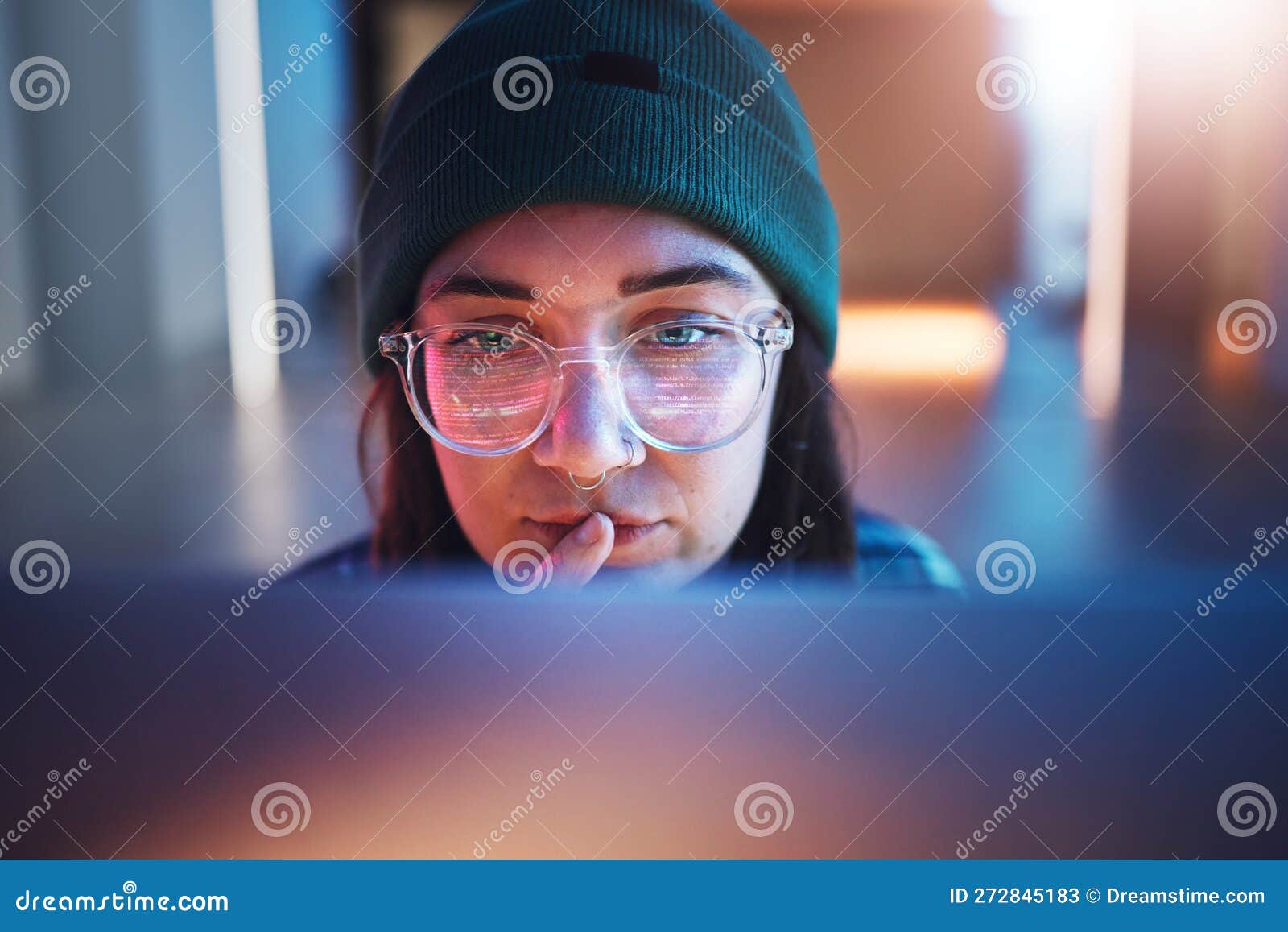 Cybersecurity, Ransomware and Woman Hacker Working on a Computer in the ...