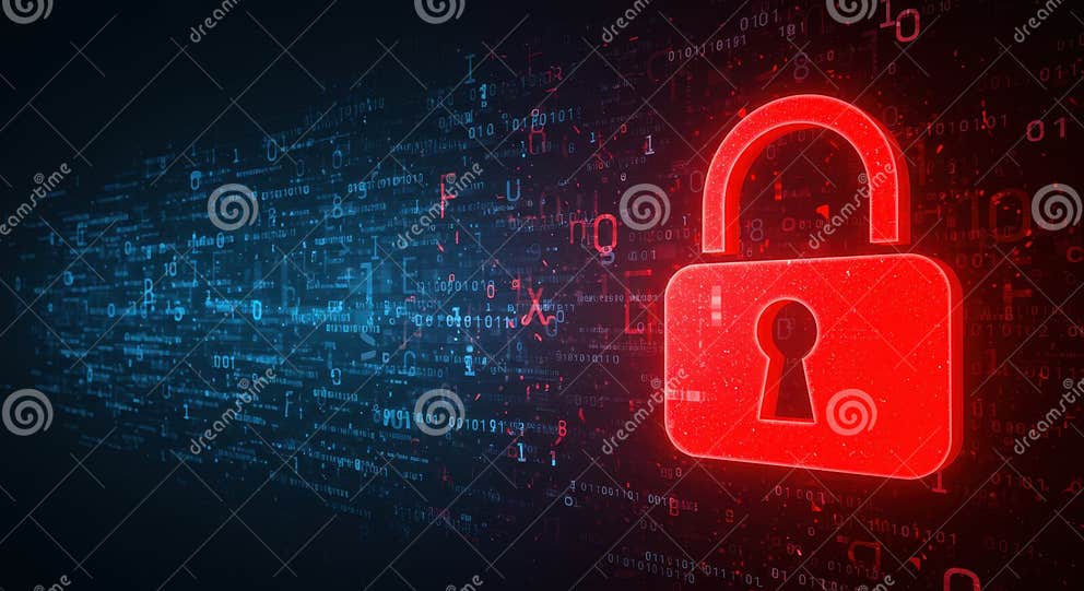 Cybersecurity Red Lock Symbol on Digital Binary Code Background Stock ...