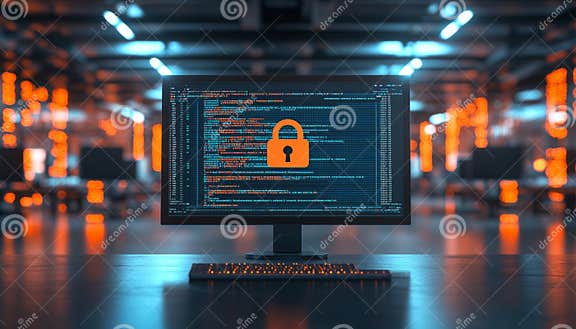 Cybersecurity. Secure Computer with Lock Icon and Program Code on the ...