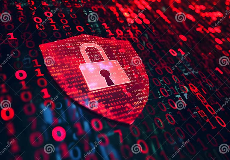 Cybersecurity Shield with Padlock on Binary Code Background Stock ...