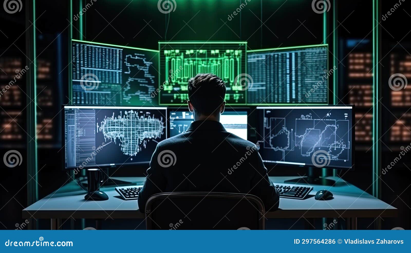 Cybersecurity Specialist with Code on Desk Display Stock Illustration ...