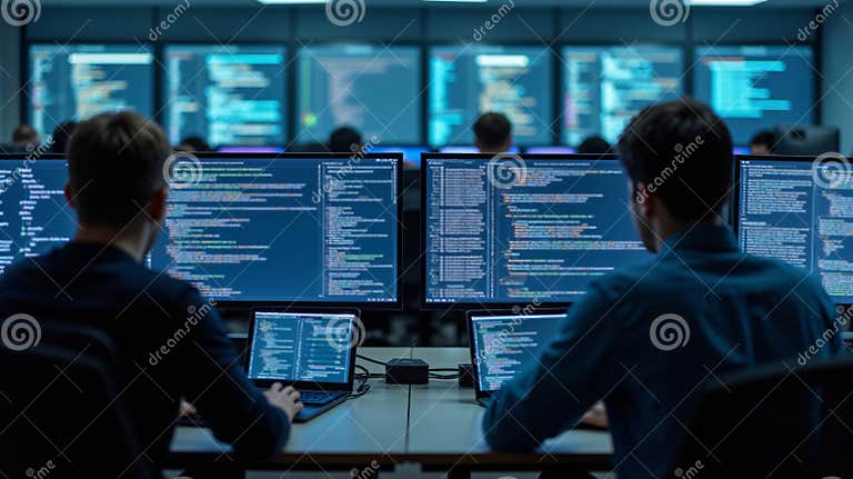 Cybersecurity Team Analyzing Code in Office Environment Stock ...