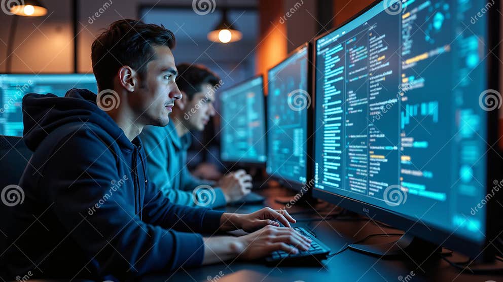 Cybersecurity Team Analyzing Code in Office Environment Stock ...