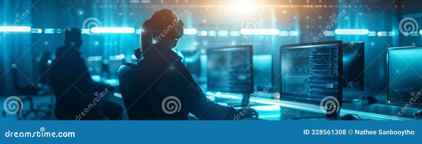Cybersecurity Team Monitoring Data in Control Room Stock Illustration ...