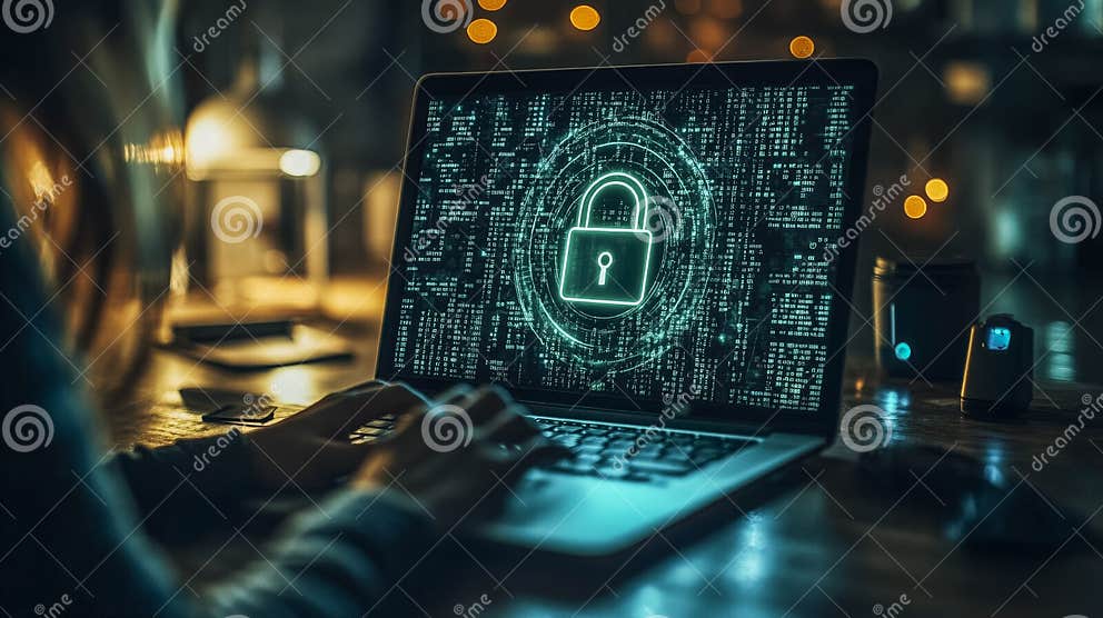 Cybersecurity Technology Concept with Digital Lock on Laptop Screen for ...
