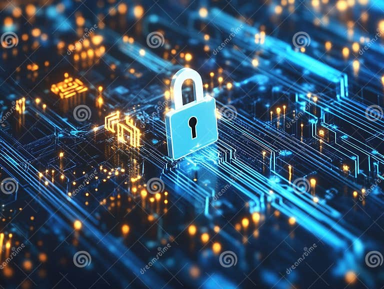Cybersecurity Theme with Encrypted Lock and Chip Stock Photo - Image of ...