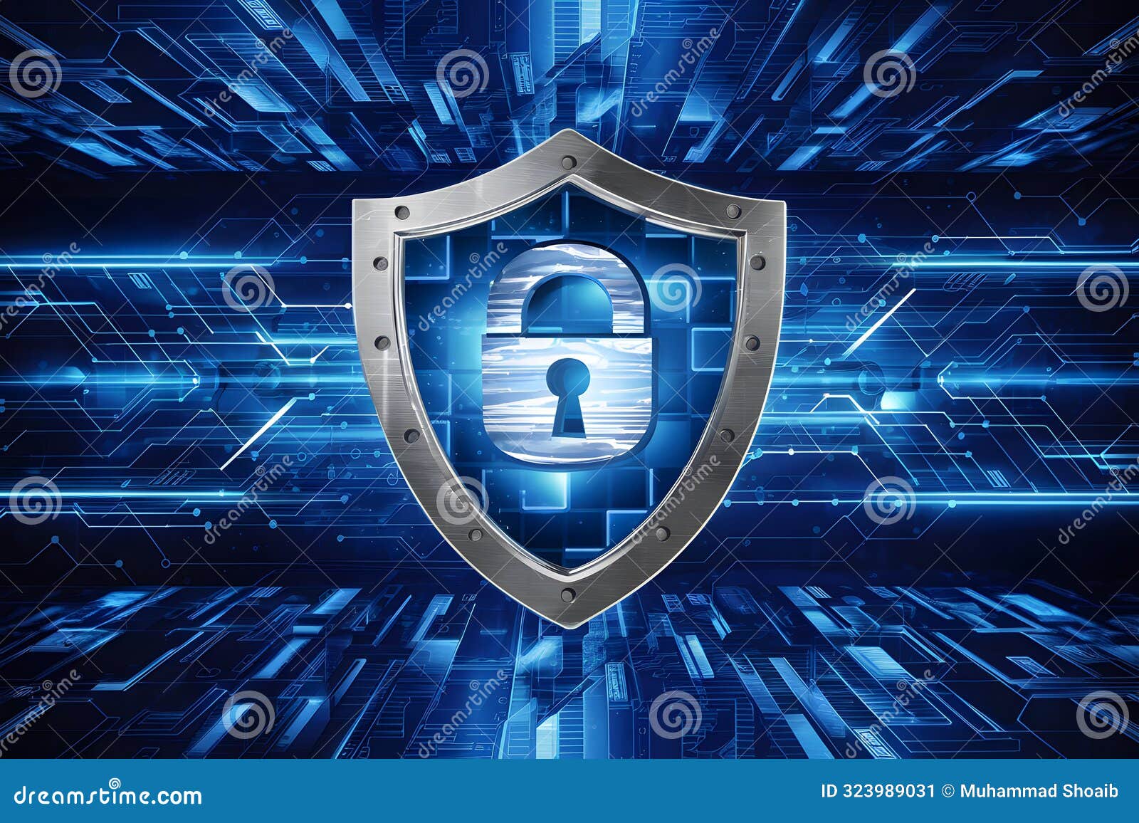 Cybersecurity Theme Metallic Shield Against Blue Backdrop with Abstract ...