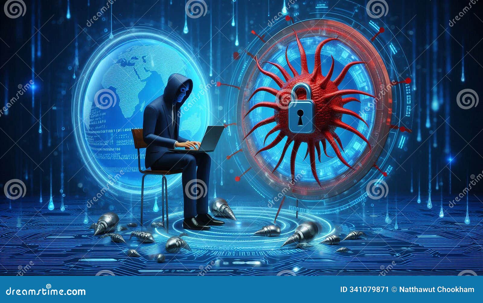 Cybersecurity Threat with Computer and Virus Illustration Stock ...