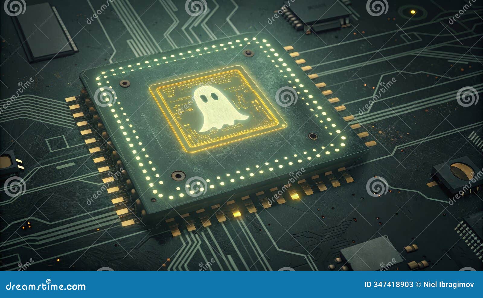 Cybersecurity Threat: Illuminated Ghost Symbol on a Computer Chip ...