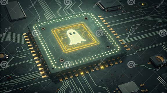 Cybersecurity Threat: Illuminated Ghost Symbol on a Computer Chip ...