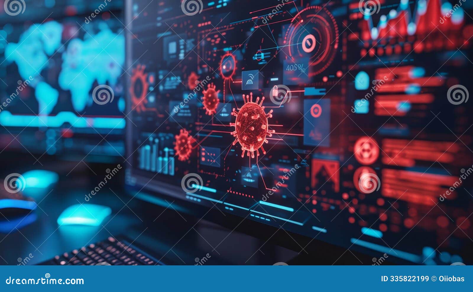 Cybersecurity Threat Red Virus on a Computer Screen with Blue and Red ...