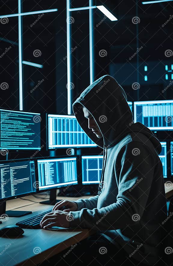 Cybersecurity Threats: Hacker in Dark Room with Multiple Computer Screens Stock Image - Image of ...