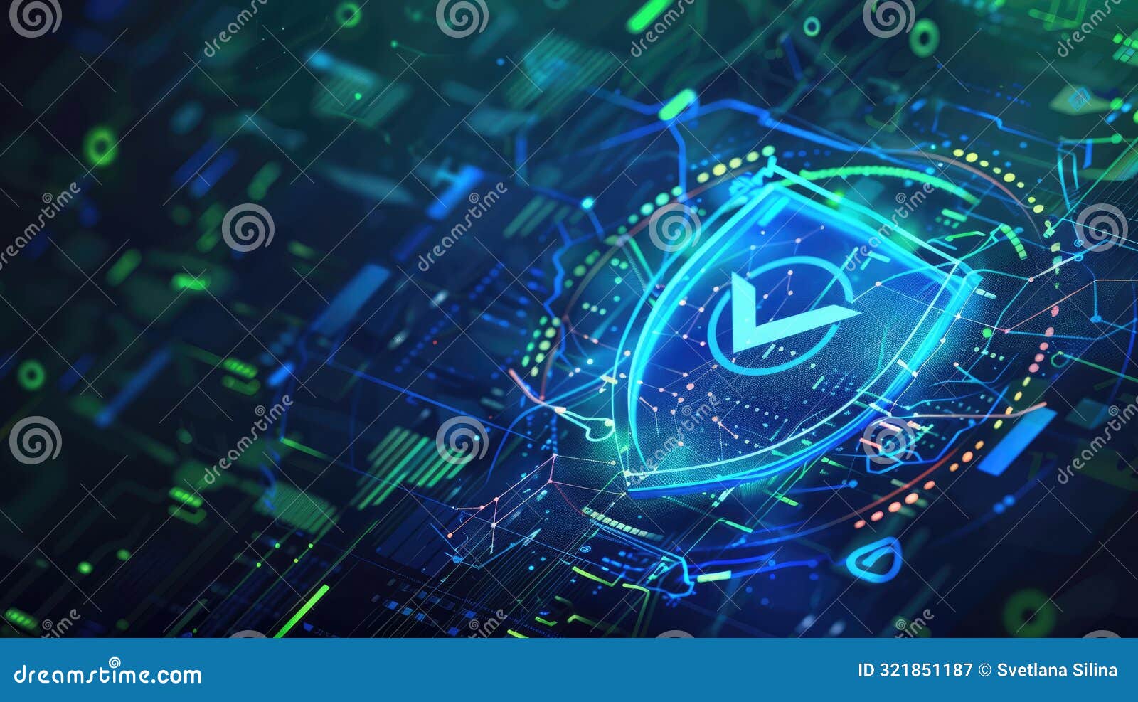 Cybersecurity Verification Icon with Shield and Checkmark, Neon Blue ...