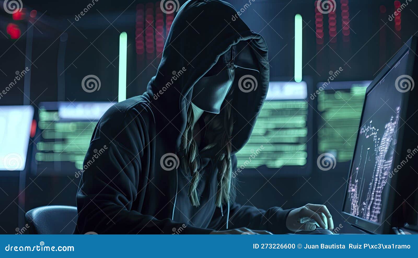 Cybersecurity Vulnerability And Hackercodingmalware Concept Hooded Computer Hacker In
