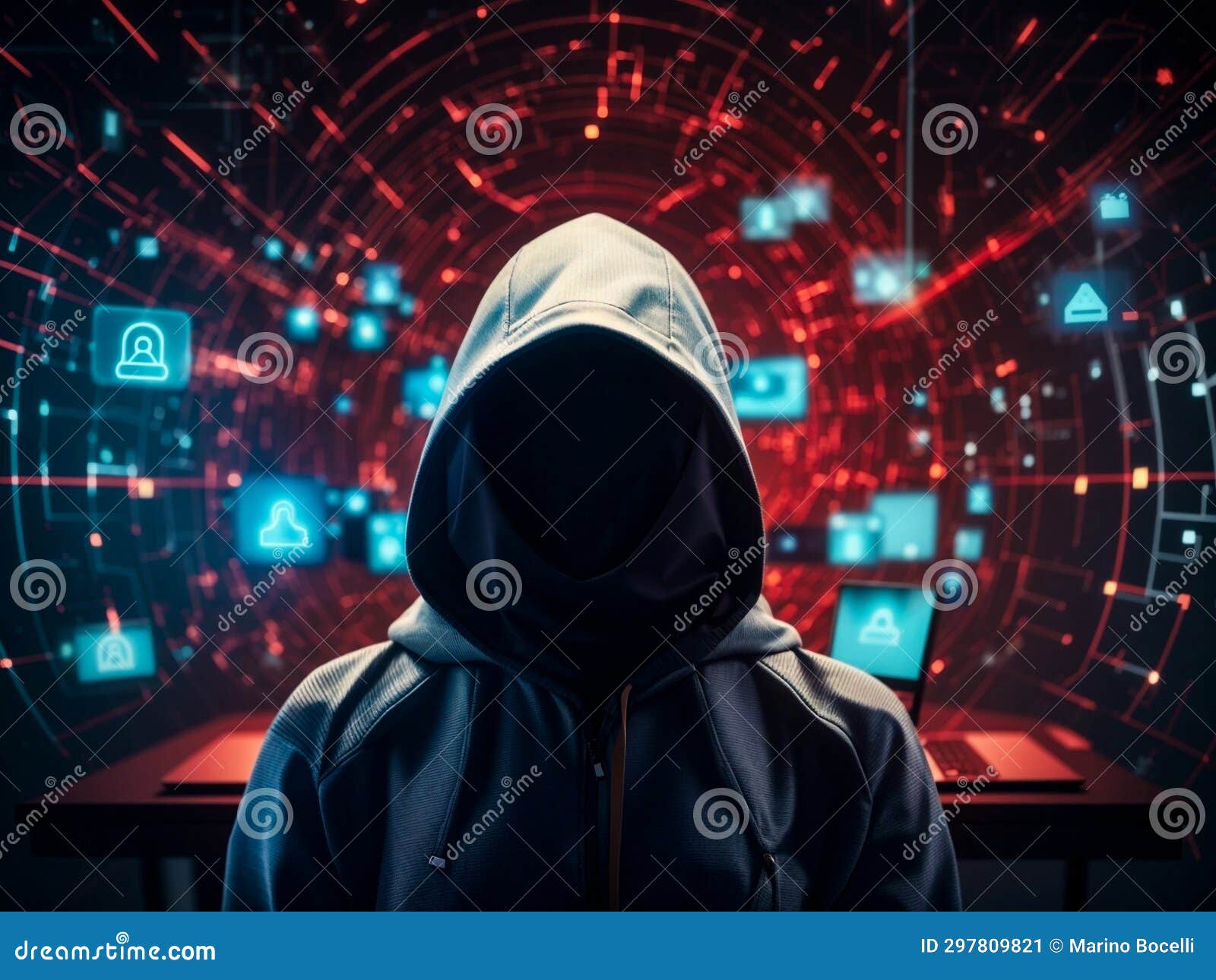 Hooded Computer Hacker With Laptop Icon Cartoon Vector | CartoonDealer ...
