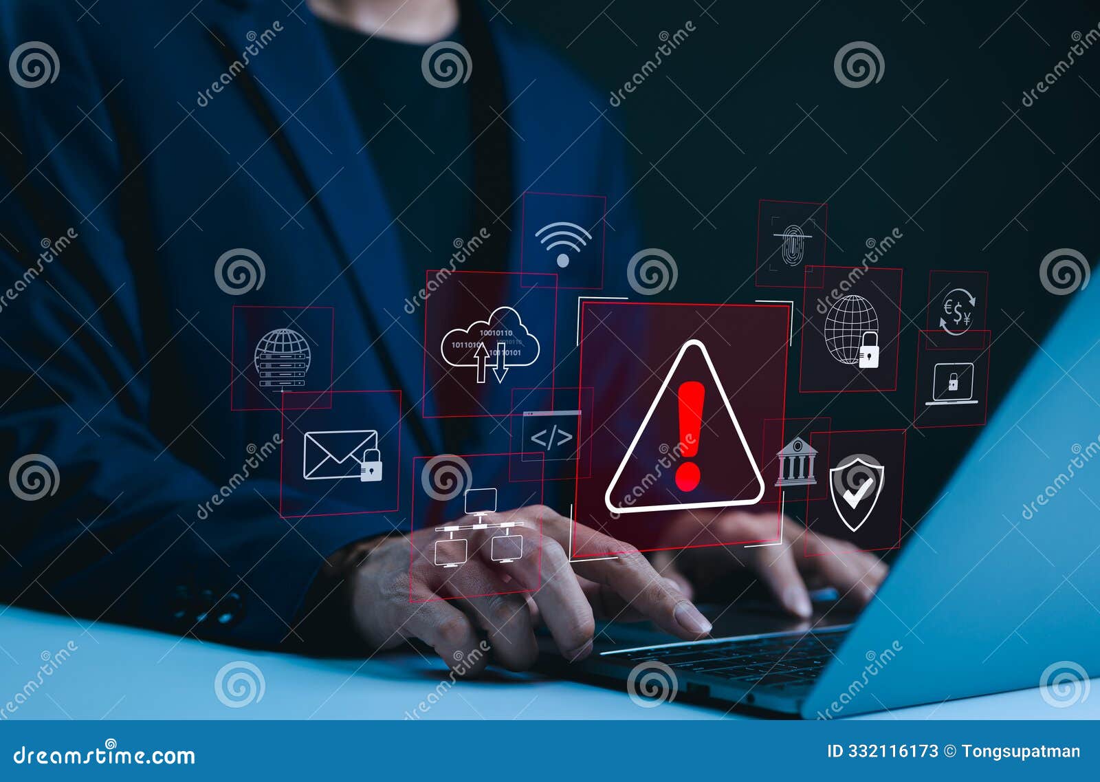 Cybersecurity Warning Alert System Concept. Businessman Working on ...
