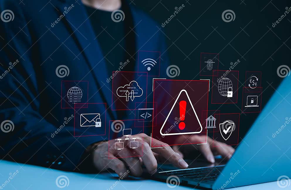 Cybersecurity Warning Alert System Concept. Businessman Working on ...