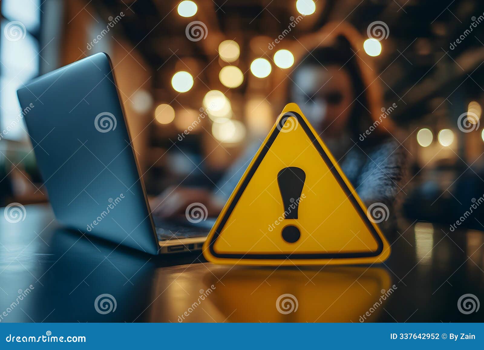 Cybersecurity Warning Sign in Front of Laptop with Woman Background ...