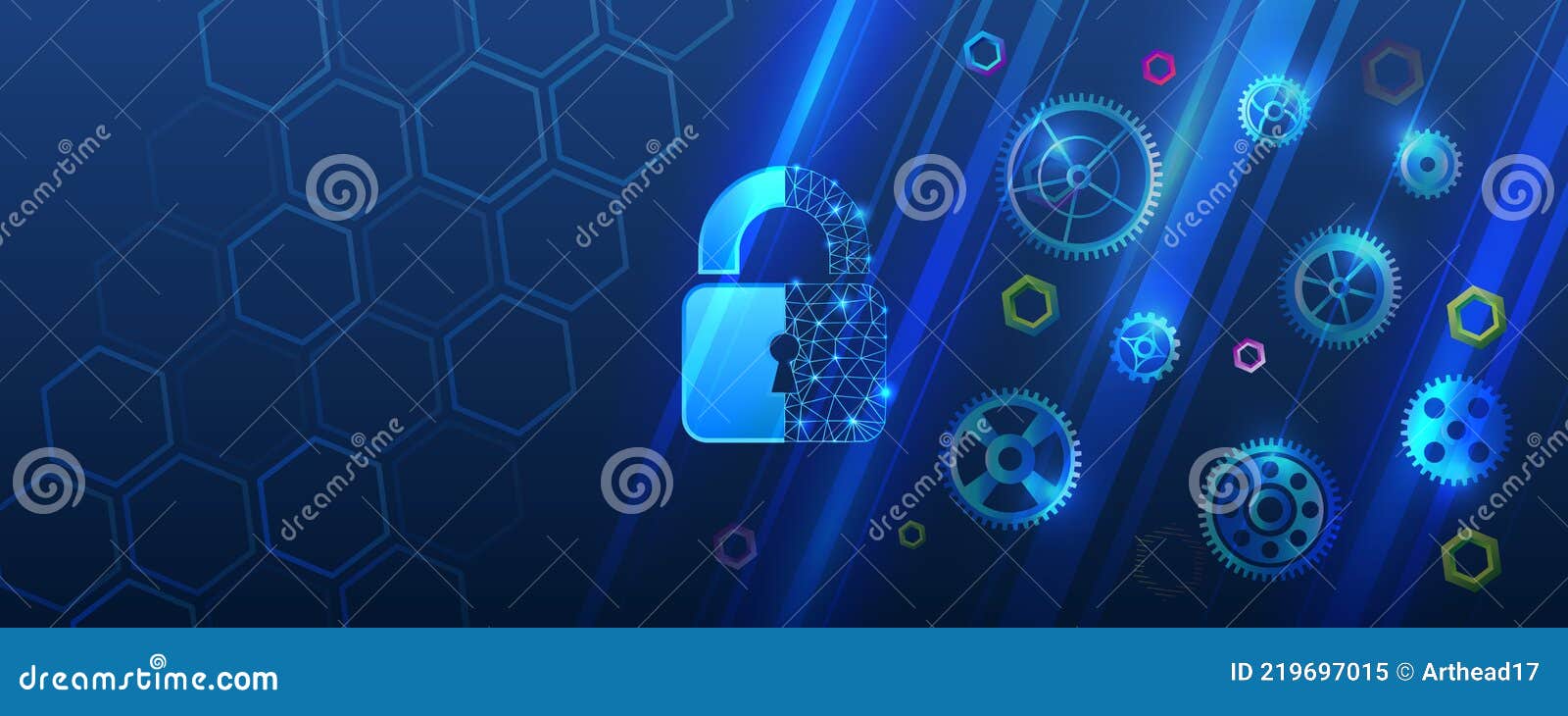 Cybersecurity Web Banner. Shield Icon with Gears on a Blue Background ...