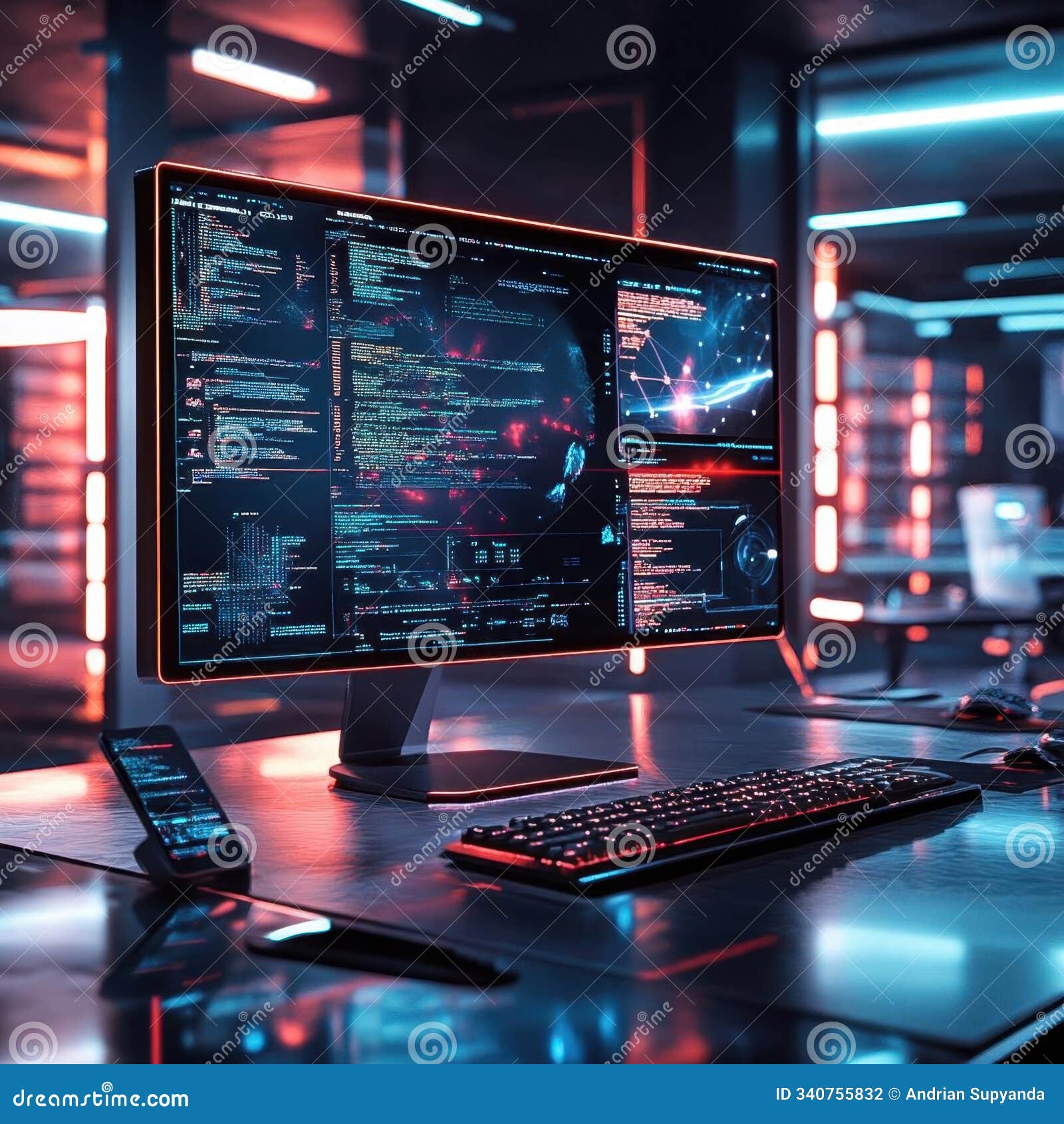 Cybersecurity Workstation with Code and Network Monitoring Stock ...