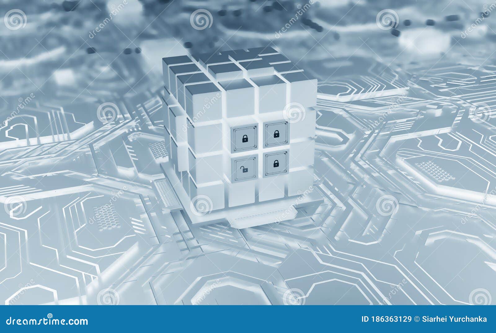 Digital Circuit and Quantum Processor. Cybercube 3D Illustration ...