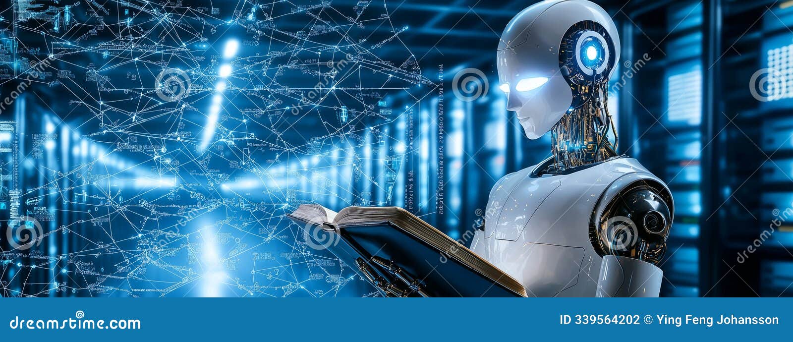 Cyborg AI Robot in Data Center with Racks of Computers, Studying ...