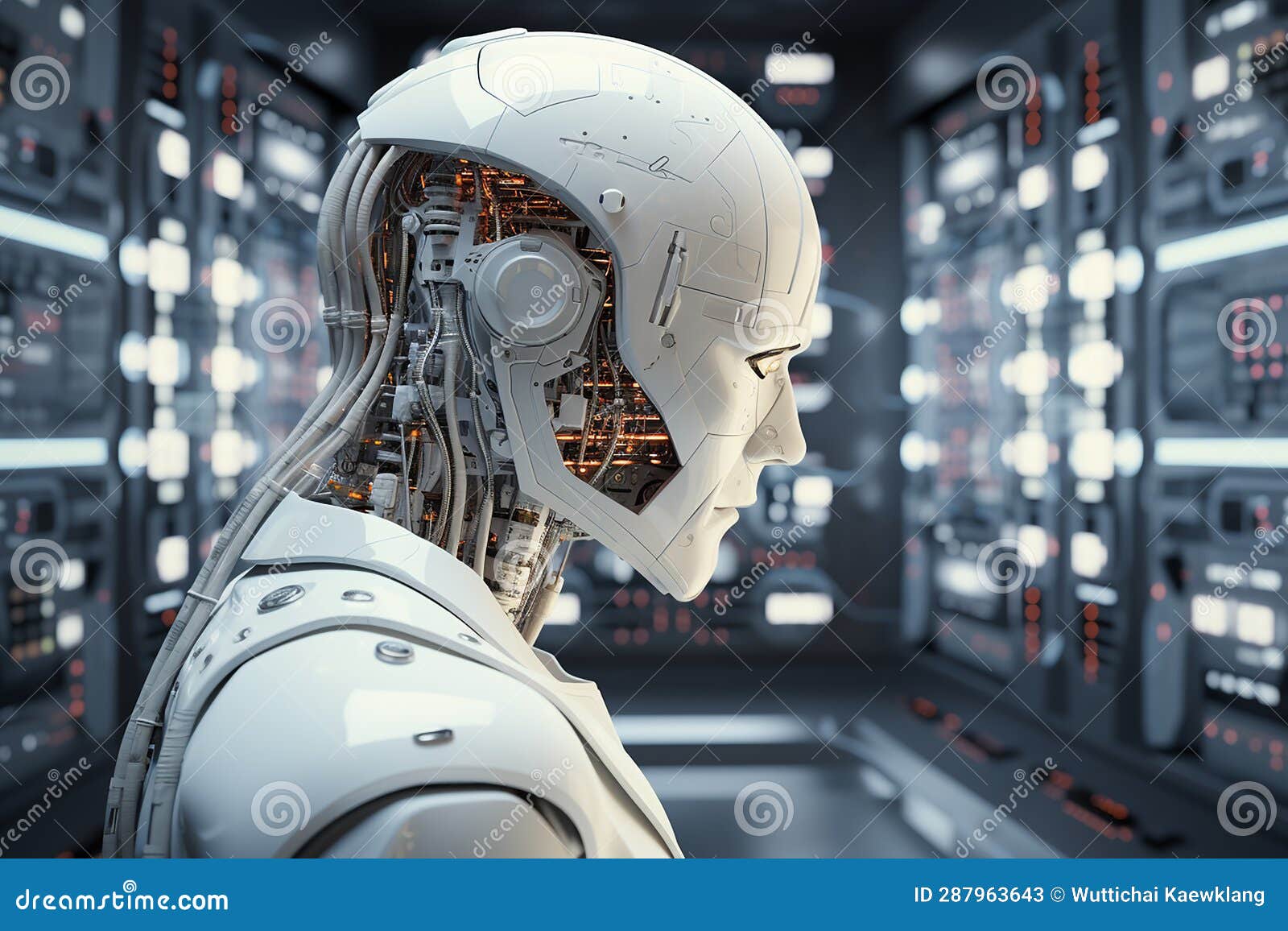 Cyborg Android Robot Working With Laptop Control Panel System Network Data Chat Gpt Artificial