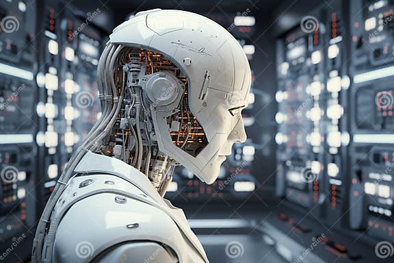 Cyborg Android Robot Working With Laptop Control Panel System Network Data Chat Gpt Artificial