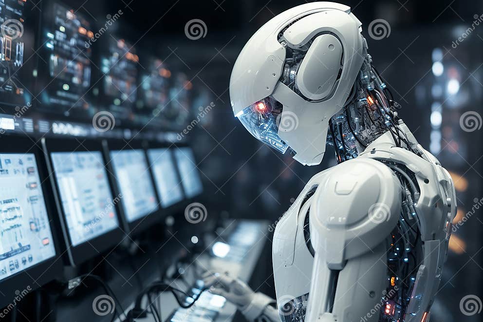 Cyborg Android Robot Working With Laptop Control Panel System Network Data Chat Gpt Artificial