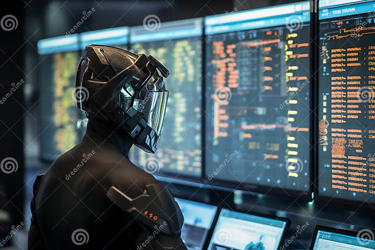 Cyborg Android Robot Working with Laptop Control Panel System Network Data. Chat GPT Artificial ...