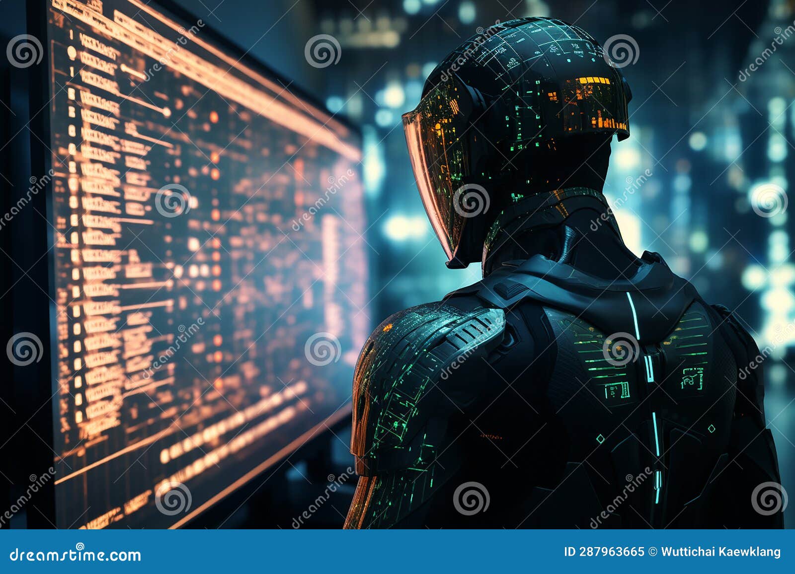 Cyborg Android Robot Working with Laptop Control Panel System Network ...