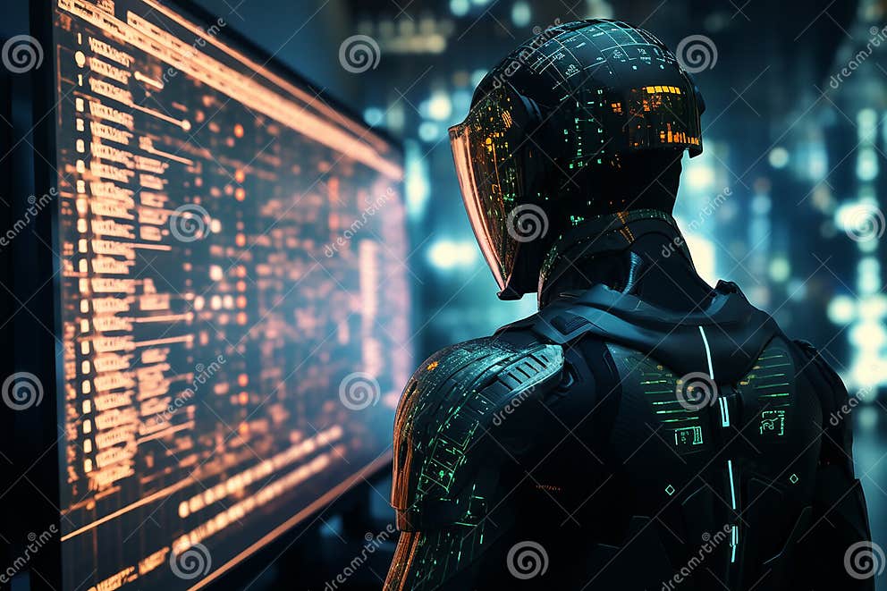 Cyborg Android Robot Working with Laptop Control Panel System Network Data. Chat GPT Artificial ...