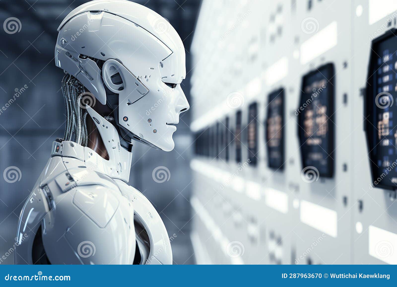 Cyborg Android Robot Working With Laptop Control Panel System Network Data Chat Gpt Artificial