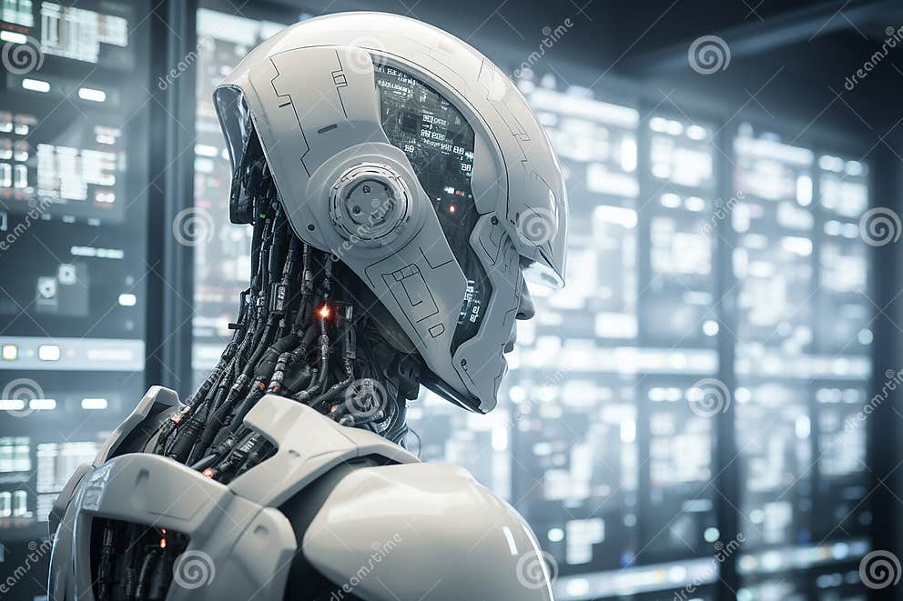 Cyborg Android Robot Working with Laptop Control Panel System Network Data. Chat GPT Artificial ...