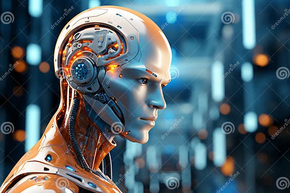 Cyborg Android Robot Working With Laptop Control Panel System Network Data Chat Gpt Artificial