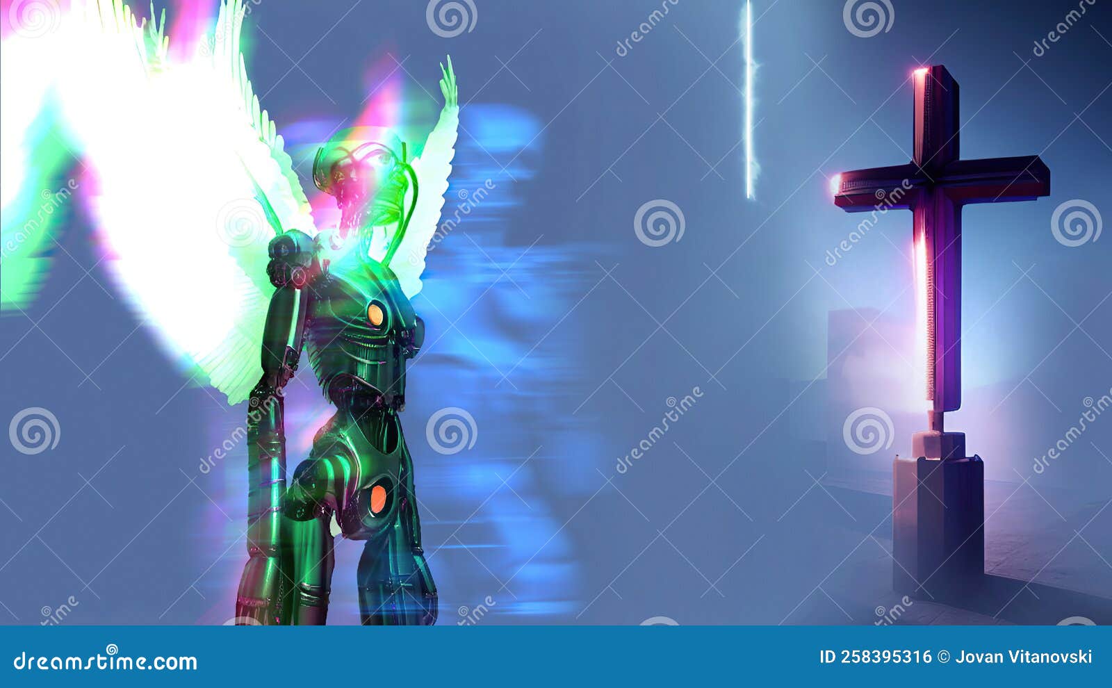 Cyborg Angel of Death Flapping with Wings Stock Illustration ...