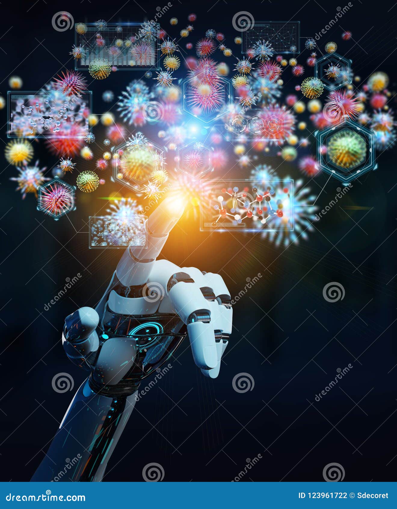 Cyborg Creating and Analyzing Nanovirus 3D Rendering Stock Illustration ...