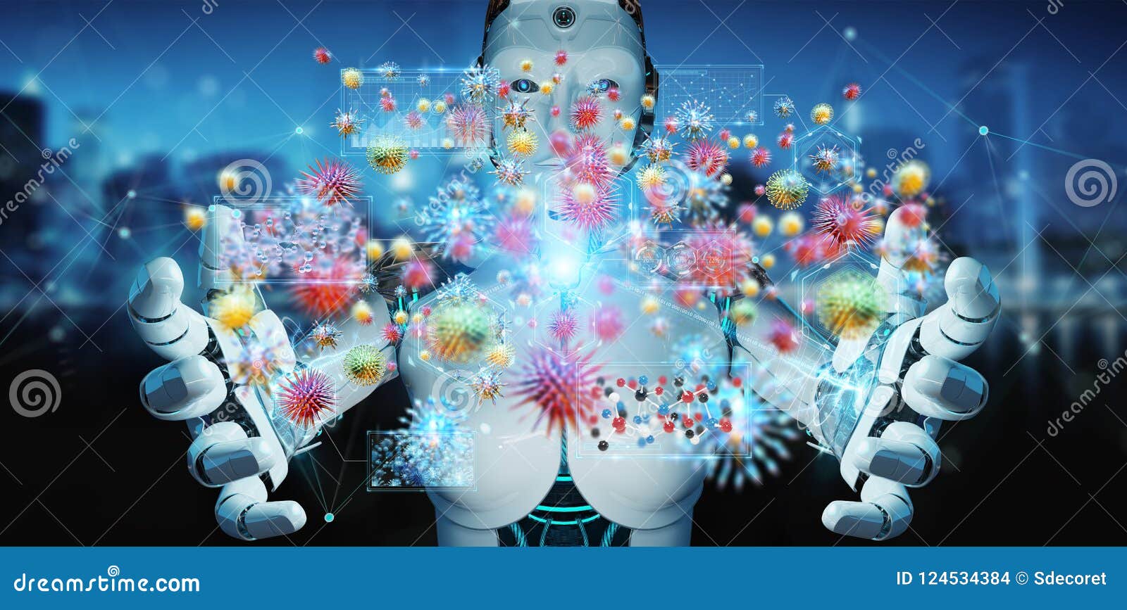 Cyborg Creating and Analyzing Nanovirus 3D Rendering Stock Illustration ...