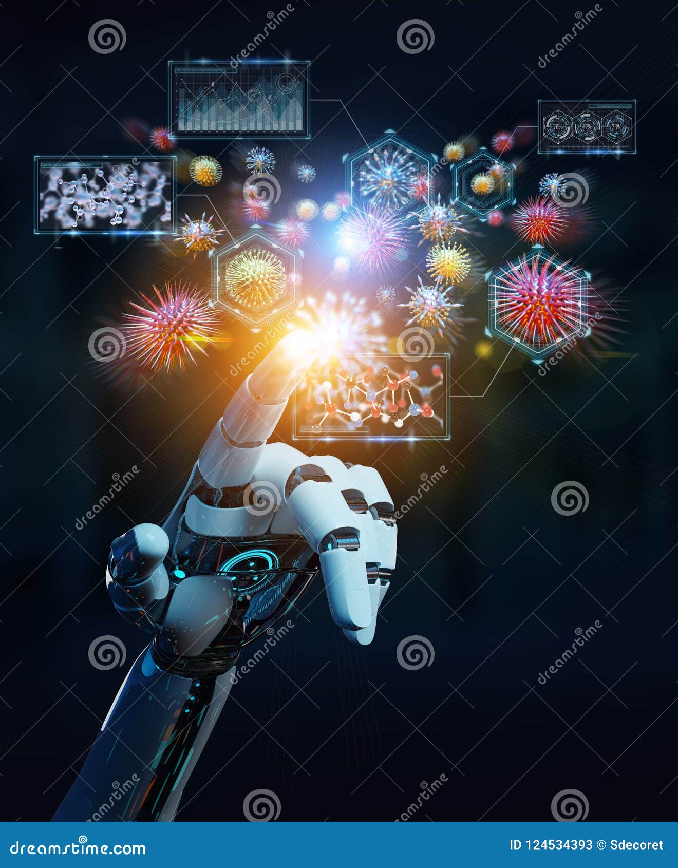 Cyborg Creating and Analyzing Nanovirus 3D Rendering Stock Illustration ...