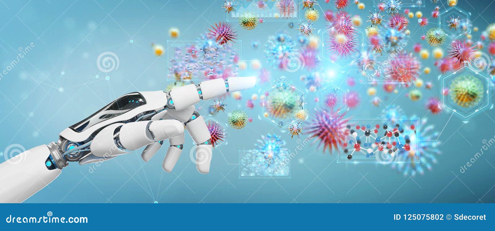 Cyborg Creating and Analyzing Nanovirus 3D Rendering Stock Illustration ...