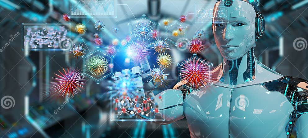 Cyborg Creating and Analyzing Nanovirus 3D Rendering Stock Illustration ...