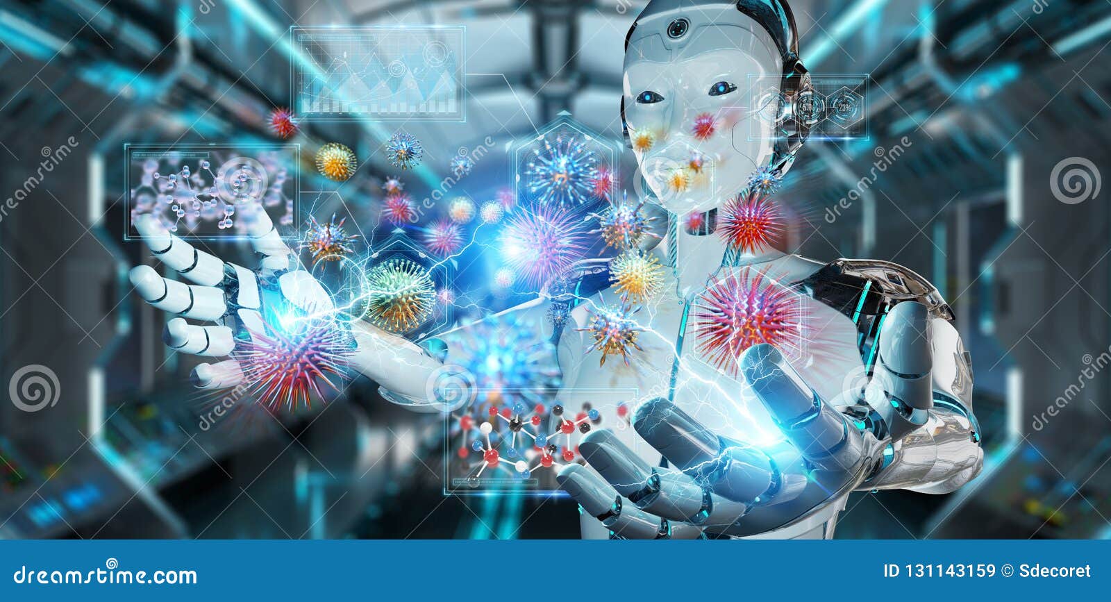 Cyborg Creating and Analyzing Nanovirus 3D Rendering Stock Illustration ...