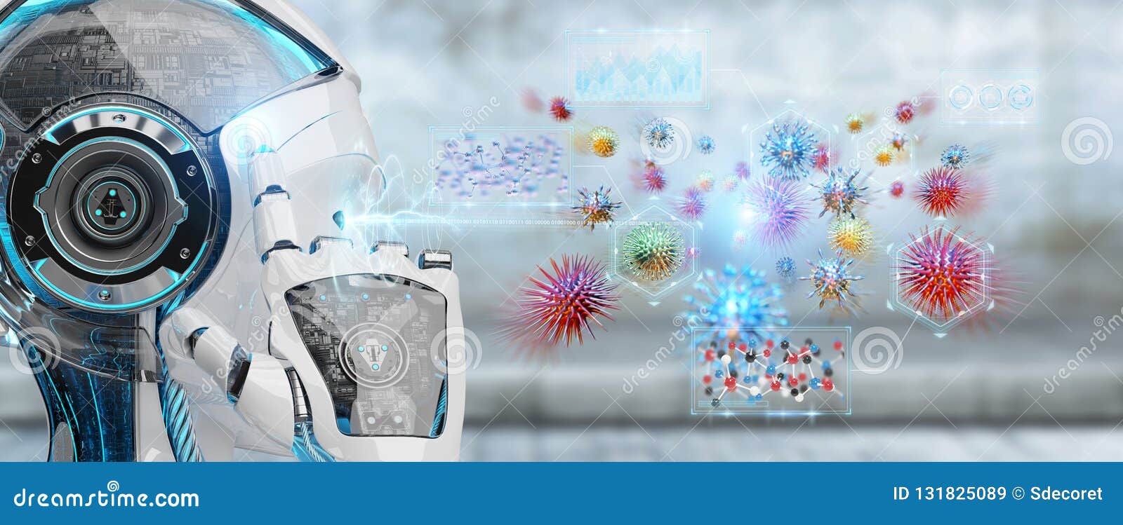 Cyborg Creating and Analyzing Nanovirus 3D Rendering Stock Illustration ...
