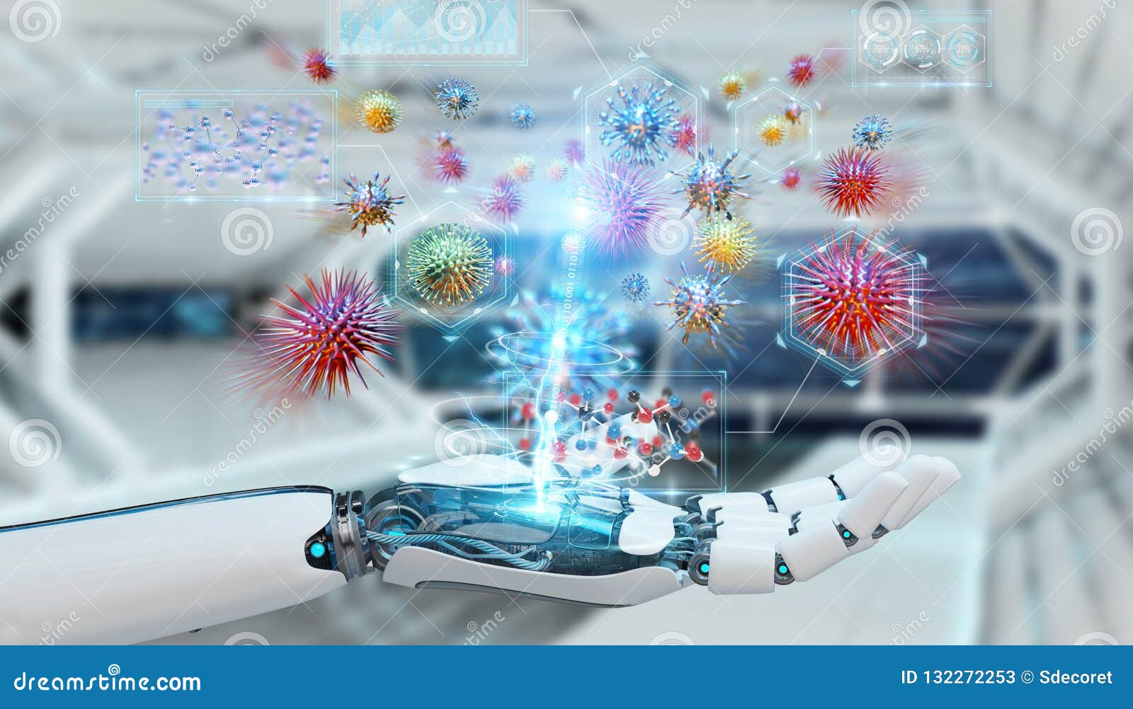 Cyborg Creating and Analyzing Nanovirus 3D Rendering Stock Illustration ...