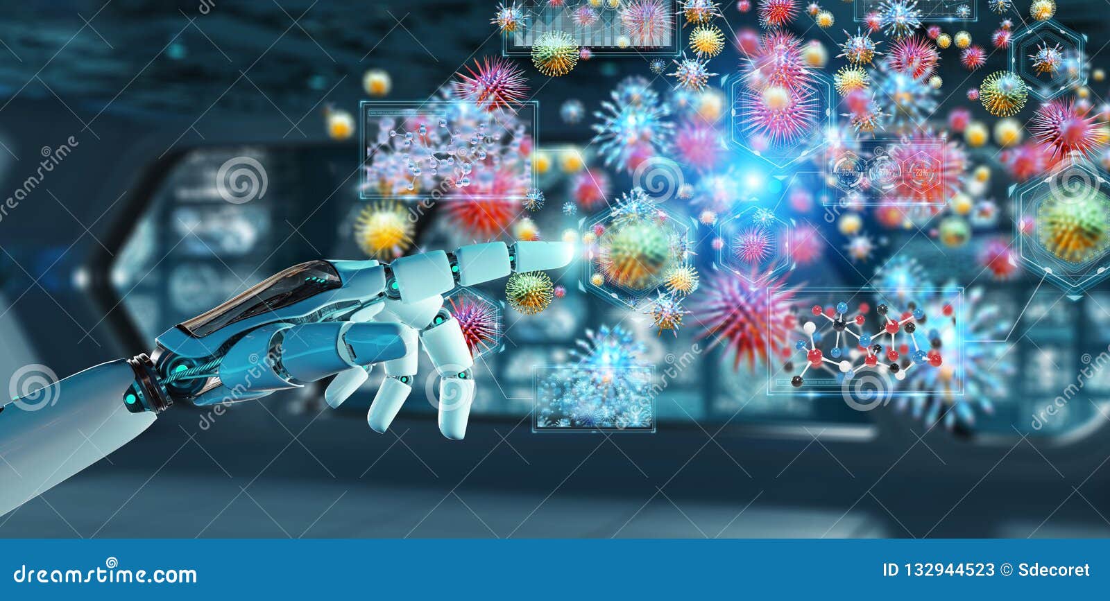 Cyborg Creating and Analyzing Nanovirus 3D Rendering Stock Illustration ...