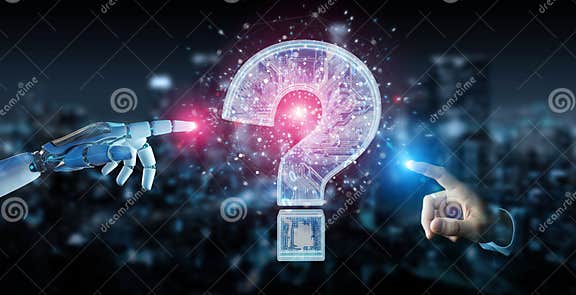 Cyborg Solving Problem with Digital Question Marks 3D Rendering Stock Illustration ...
