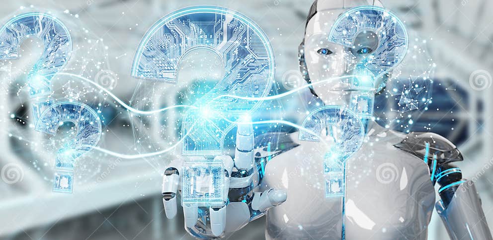 Cyborg Solving Problem with Digital Question Marks 3D Rendering Stock Illustration ...