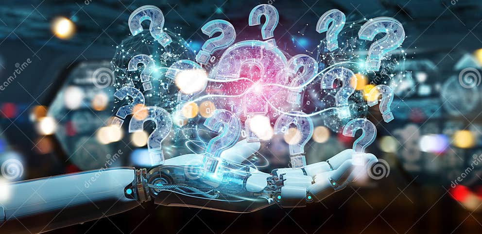 Cyborg Solving Problem with Digital Question Marks 3D Rendering Stock Illustration ...